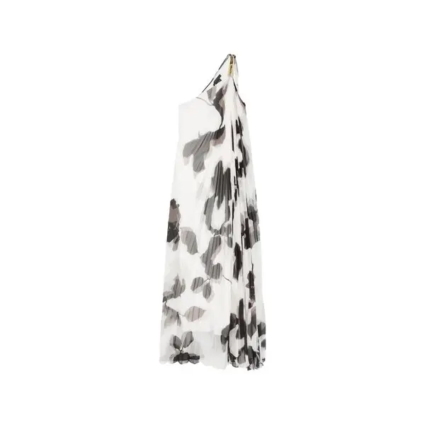 Max Mara Pleated One-shoulder Floral Print Gown - White