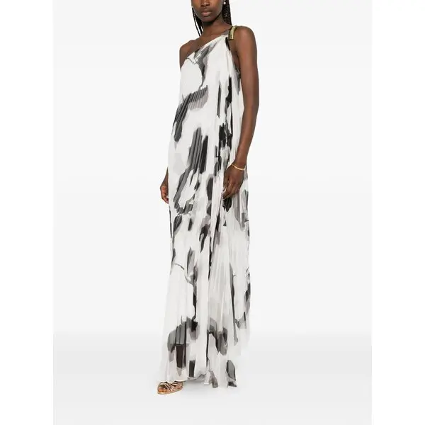 Max Mara Pleated One-shoulder Floral Print Gown - White