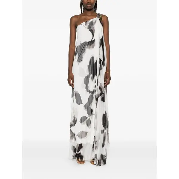 Max Mara Pleated One-shoulder Floral Print Gown - White
