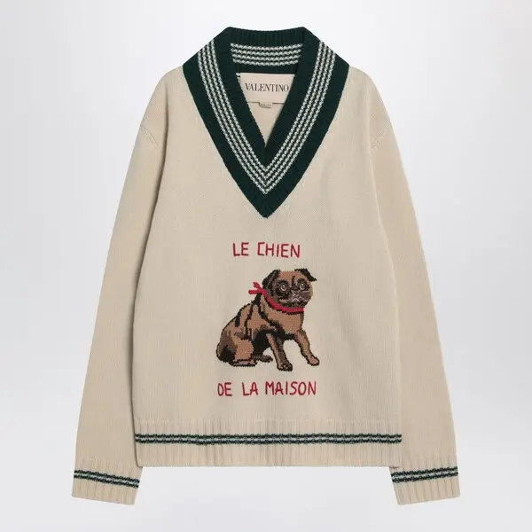 Valentino Garavani Le Chien De La Maison" Embroidered Virgin Wool Sweater - Cream