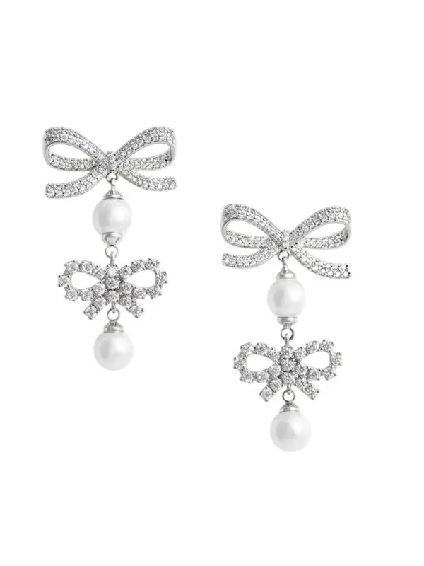 SELF-PORTRAIT Double Bow Pearl Drop Earrings - Silver