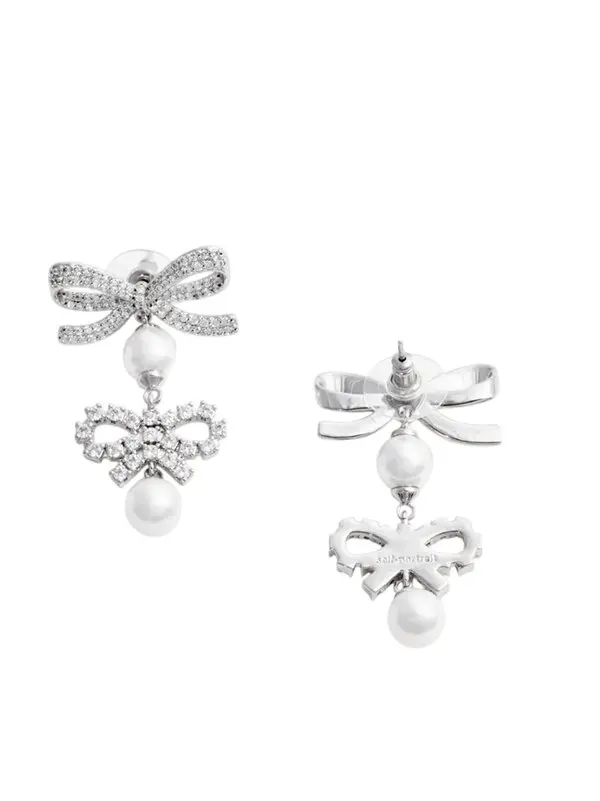 SELF-PORTRAIT Double Bow Pearl Drop Earrings - Silver