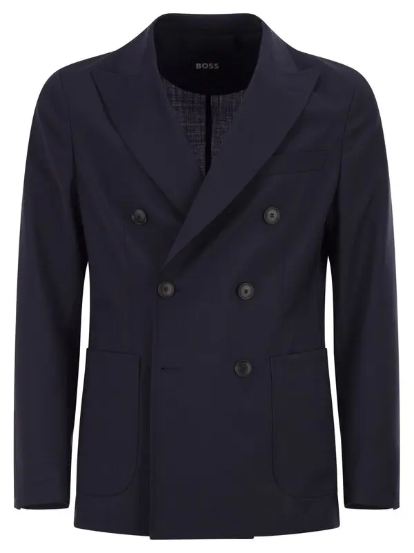 BOSS Double-breasted Blazer In Virgin Wool - Blue