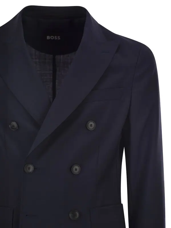 BOSS Double-breasted Blazer In Virgin Wool - Blue