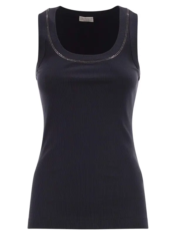 Brunello Cucinelli Sleeveless Ribbed Cotton Top With Jewelled Trim - Blue