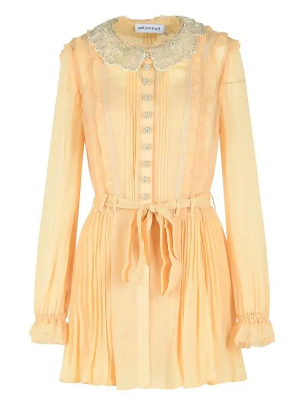SELF-PORTRAIT Short Pleated Dress With Embellished Collar - Multicolor