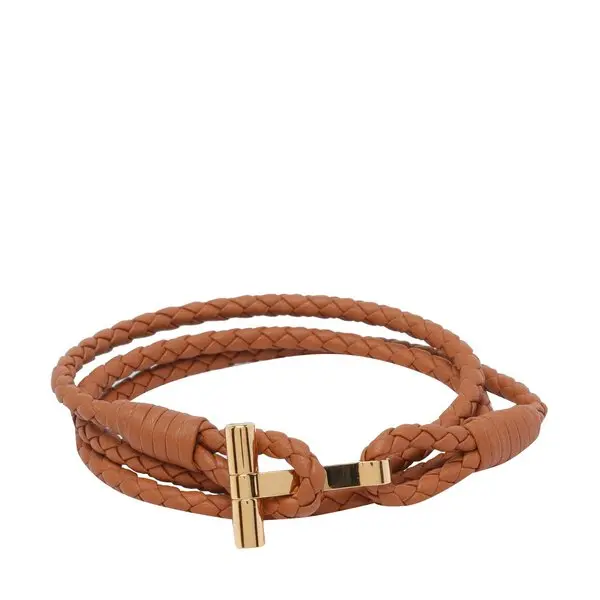 TOM FORD T Wrap Bracelet In Calf Leather And Brass - Brown
