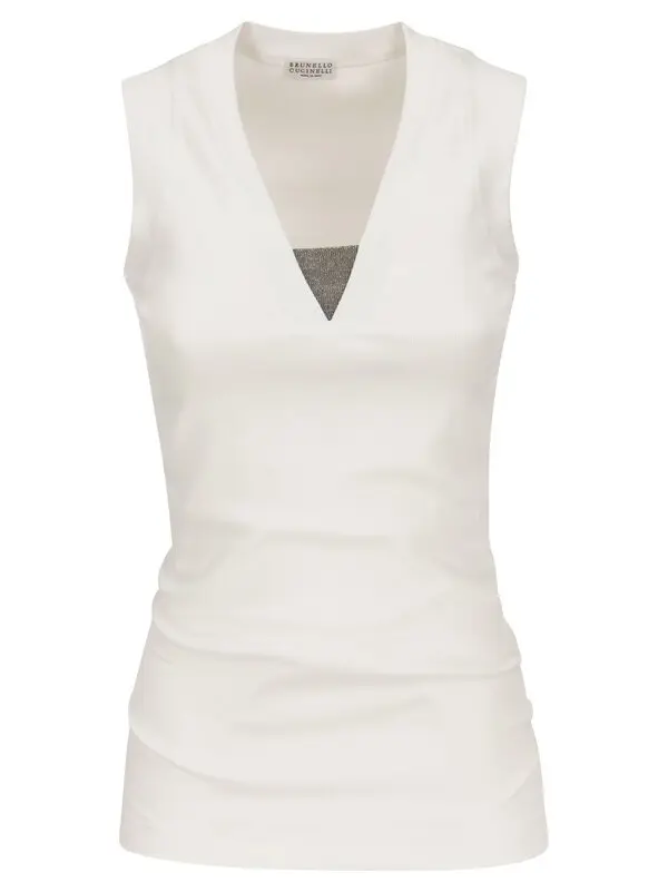 Brunello Cucinelli Ribbed Jersey V-neck Top With Embellished Insert - White