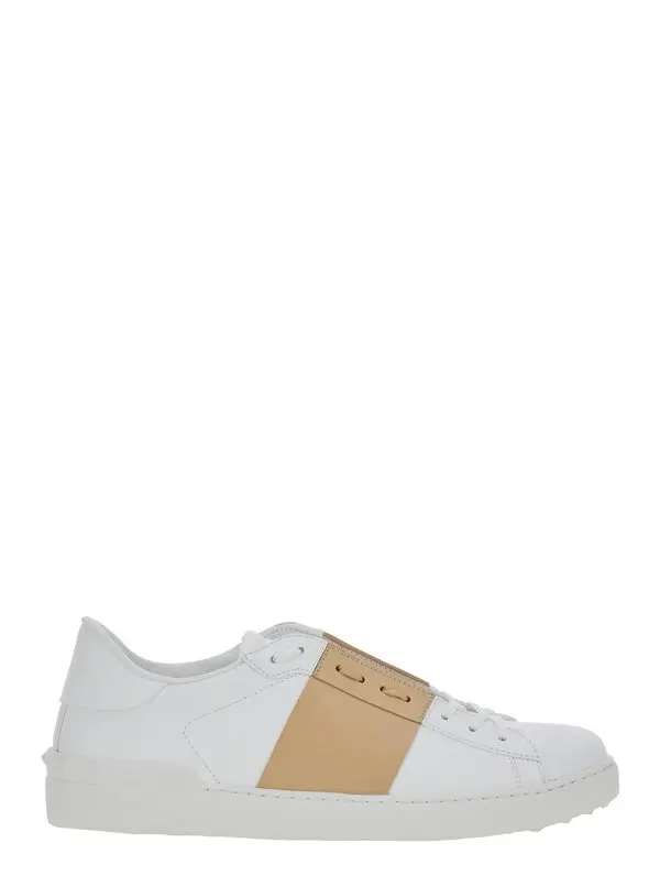 Valentino Garavani Leather Open Low Top Sneakers With Logo Tab And Rockstud Detail - White