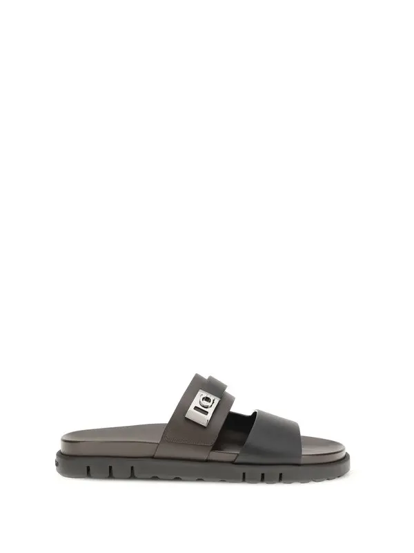 FERRAGAMO Double Strap Leather Sandals With Gancini Detail