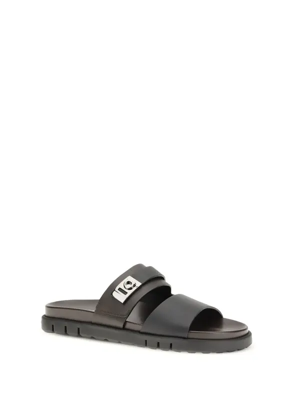 FERRAGAMO Double Strap Leather Sandals With Gancini Detail