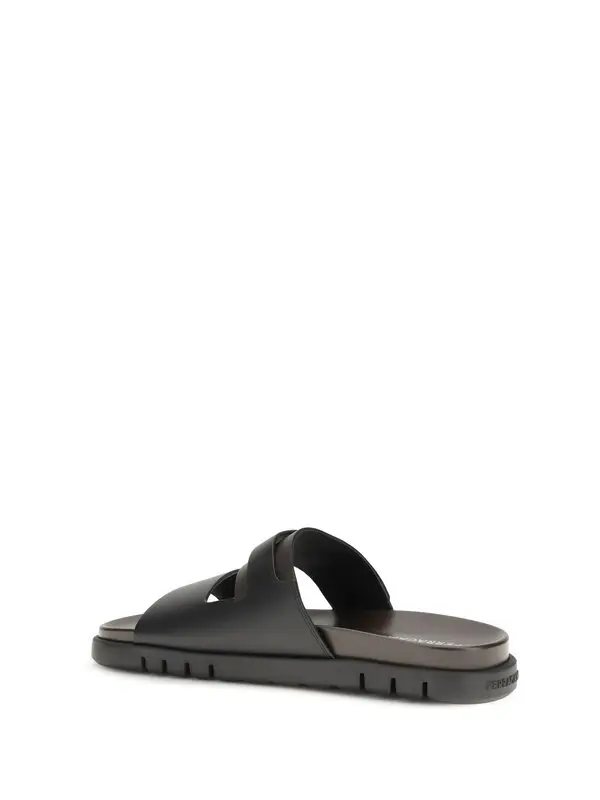 FERRAGAMO Double Strap Leather Sandals With Gancini Detail