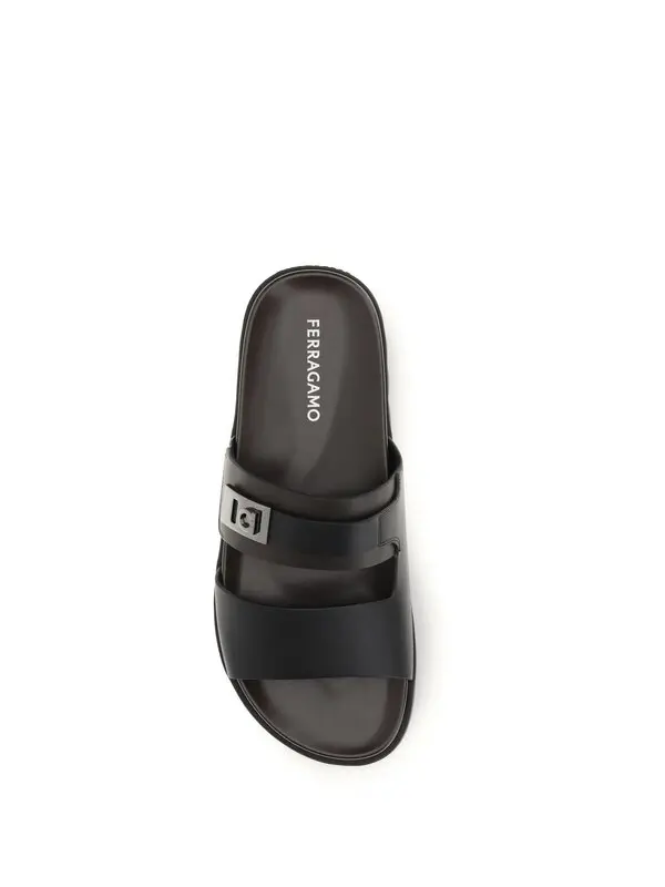 FERRAGAMO Double Strap Leather Sandals With Gancini Detail