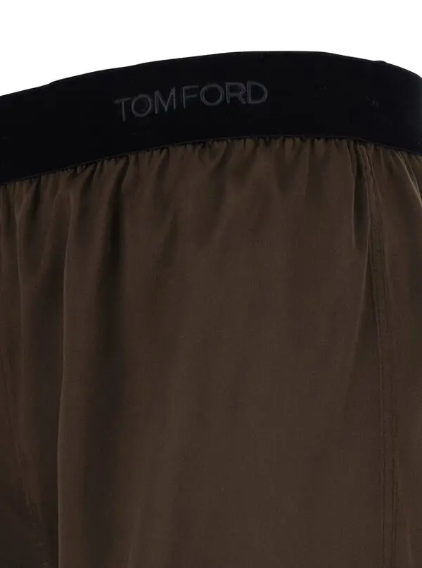 TOM FORD Stretch Silk Shorts With Logo Lettering - Brown
