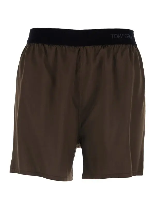 TOM FORD Stretch Silk Shorts With Logo Lettering - Brown