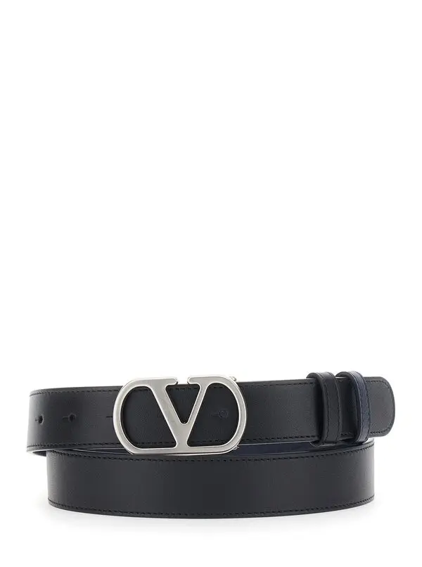 Valentino Garavani Reversible Leather Belt With Vlogo Buckle - Black