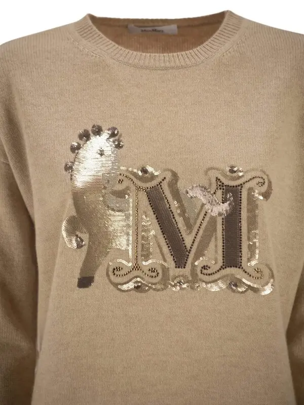 Max Mara Oversized Wool And Cashmere Jumper With Sequin Embellished Monogram - Cream