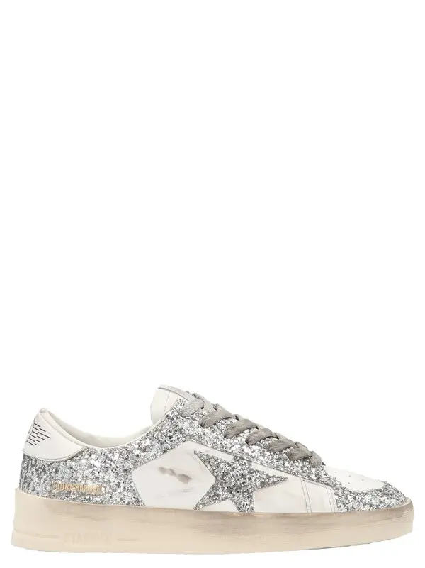 GOLDEN GOOSE Stardan Leather Sneakers With Glitter Heel - Silver