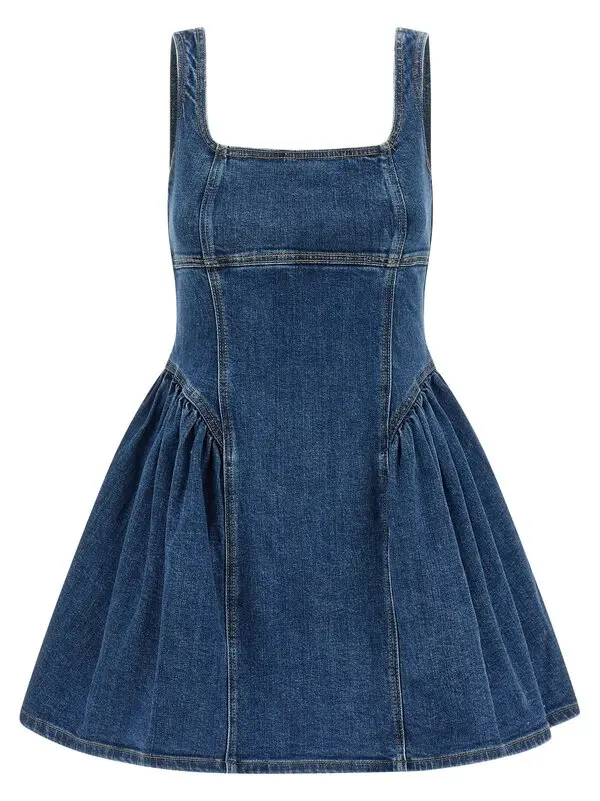 SELF-PORTRAIT Denim Dress With Front Zip And Embroidered Logo - Blue