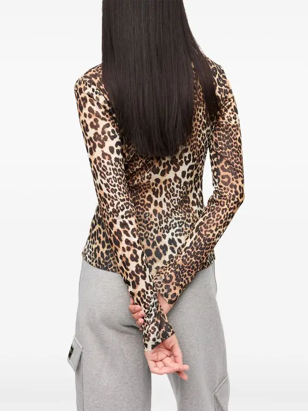 GANNI Leopard Print Long Sleeve Top - Multicolor