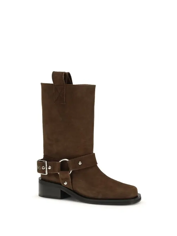 GANNI Suede Biker Boots With Square Toe And Block Heel - Brown