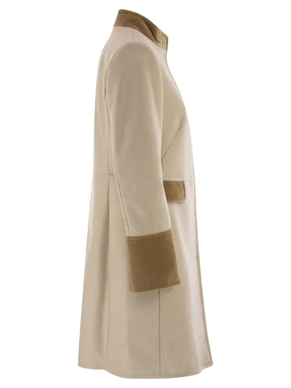 FAY Wool Blend Coat With Velvet Trims - Cream