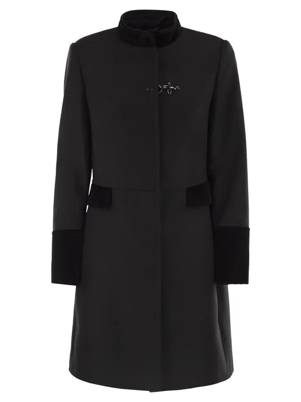 FAY Wool Blend Coat With Velvet Trim - Black