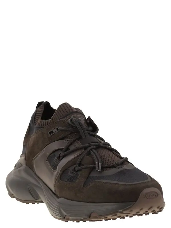 TOD'S Suede Calfskin And Technical Knit Sneakers - Brown