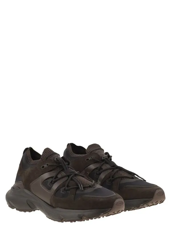 TOD'S Suede Calfskin And Technical Knit Sneakers - Brown