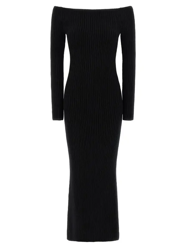 Max Mara Ribbed Off-the-shoulder Long Sleeve Maxi Dress In Wool And Cashmere Blend - Black