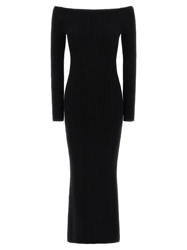 Max Mara Ribbed Off-the-shoulder Long Sleeve Maxi Dress In Wool And Cashmere Blend - Black