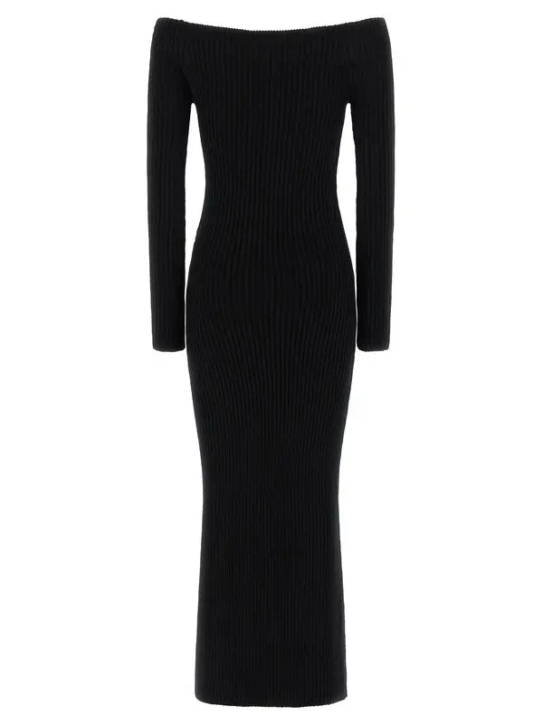 Max Mara Ribbed Off-the-shoulder Long Sleeve Maxi Dress In Wool And Cashmere Blend