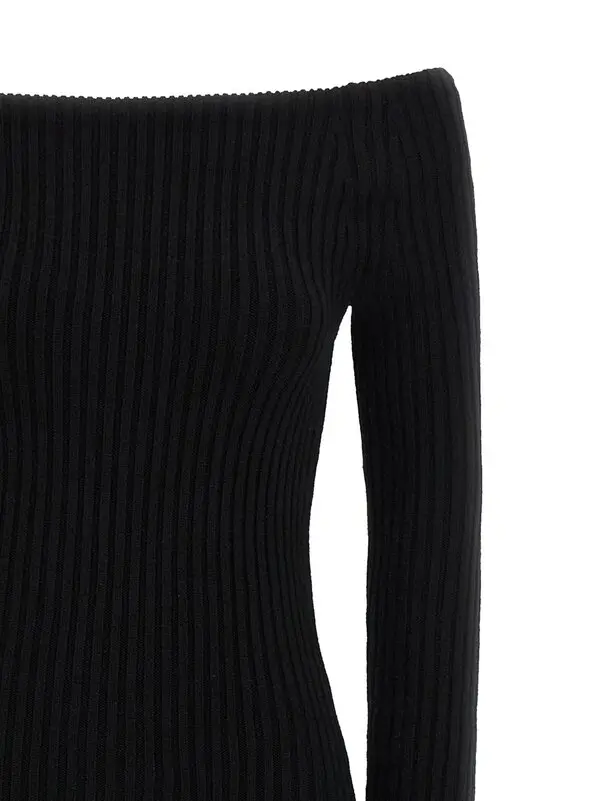 Max Mara Ribbed Off-the-shoulder Long Sleeve Maxi Dress In Wool And Cashmere Blend