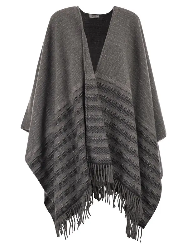 Peserico Peseric O Virgin Wool And Cashmere Cape With Lurex Threads And Fringes - Gray
