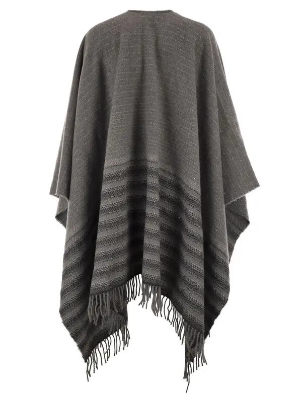 Peserico Peseric O Virgin Wool And Cashmere Cape With Lurex Threads And Fringes - Gray