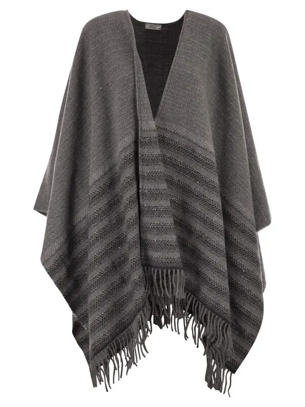 Peserico Peseric O Virgin Wool And Cashmere Cape With Lurex Threads And Fringes - Gray