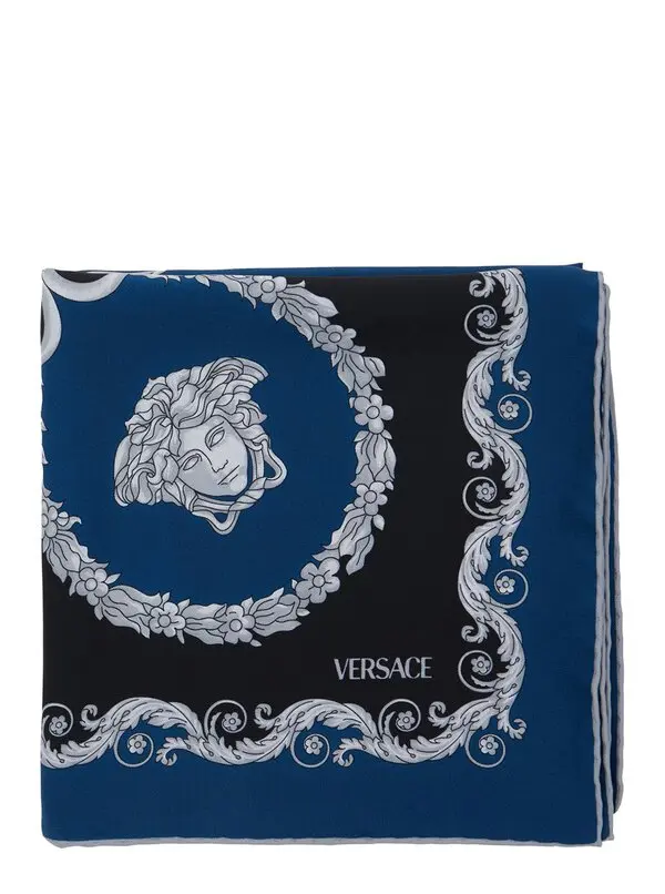 Versace Blue Scarf With Geometric All-over Motif In Silk