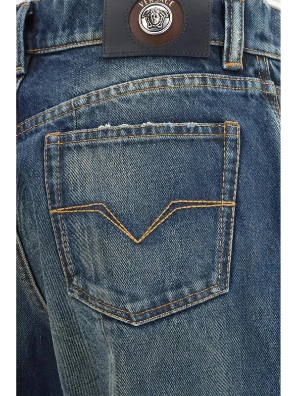 Versace Distressed Straight-leg Cotton Denim Jeans - Blue