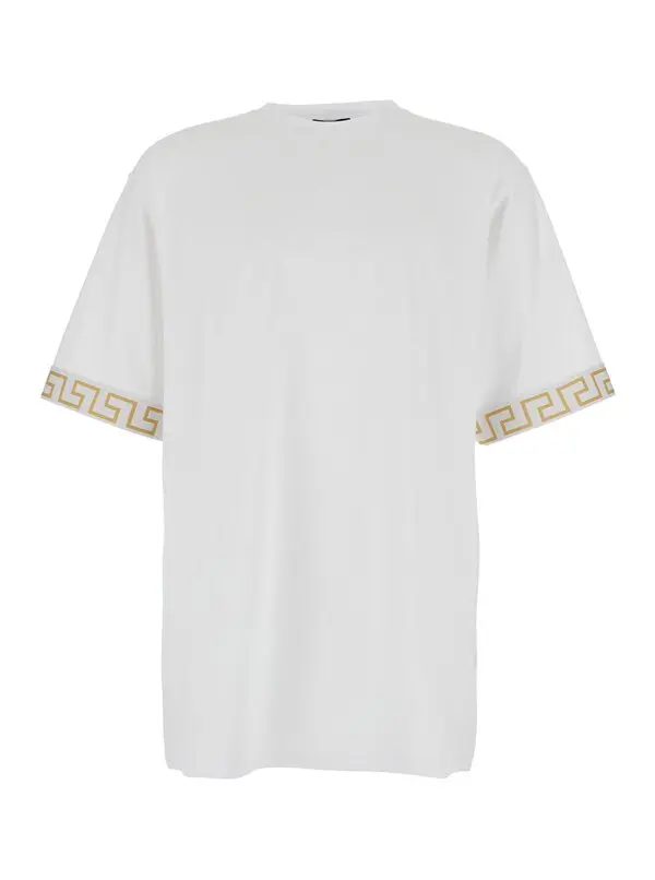 Versace Crew Neck T-shirt With Greca Motif On The Sleeves In Tech Fabric White - Multicolor