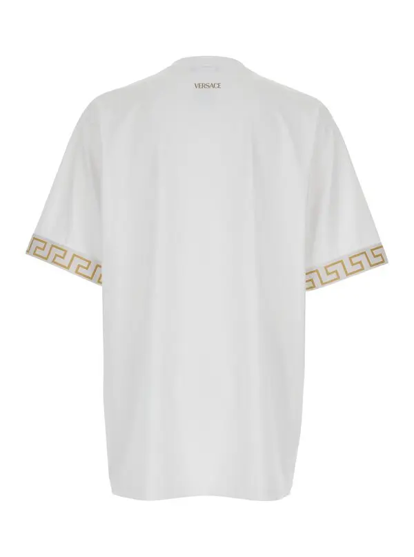 Versace Crew Neck T-shirt With Greca Motif On The Sleeves In Tech Fabric White - Multicolor
