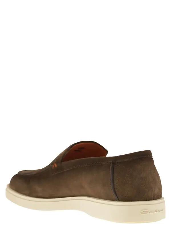 Santoni Suede Loafer With Orange Stitching