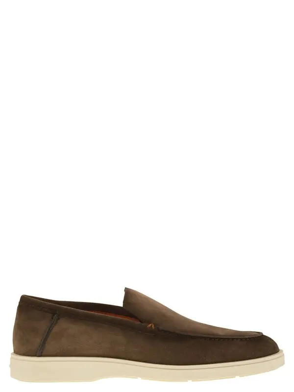 Santoni Suede Loafer With Orange Stitching - Brown