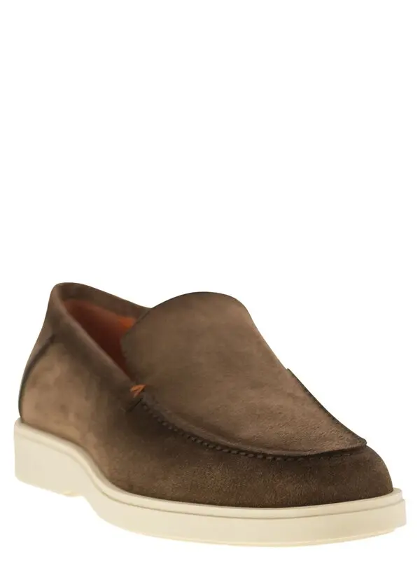 Santoni Suede Loafer With Orange Stitching - Brown