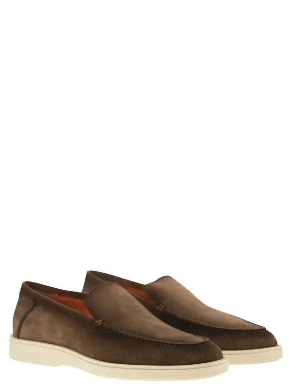 Santoni Suede Loafer With Orange Stitching - Brown