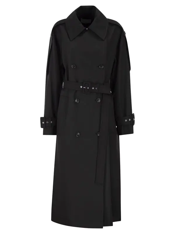 Sportmax Long Trench Coat In Water-repellent Twill - Black