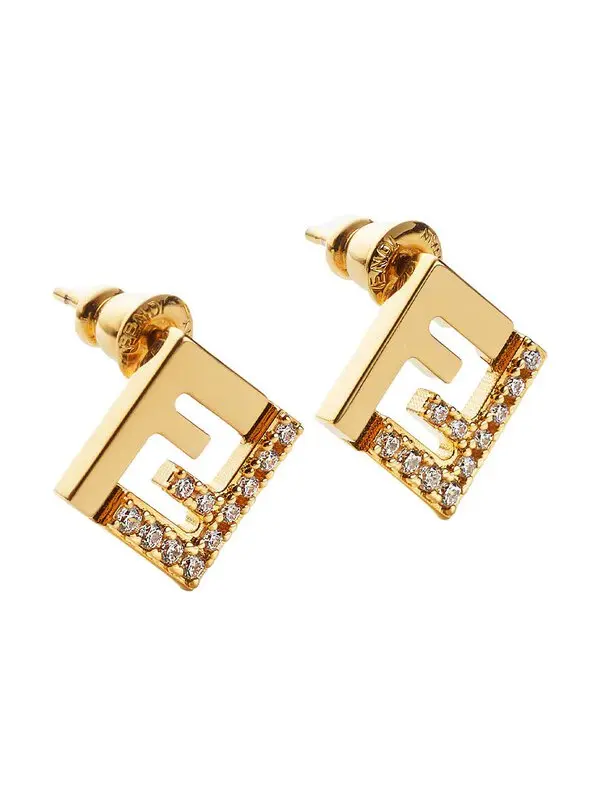 Fendi Ff Monogram Crystal Stud Earrings In Gold Tone Brass - Silver