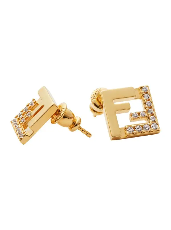 Fendi Ff Monogram Crystal Stud Earrings In Gold Tone Brass - Silver