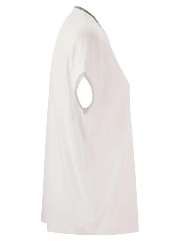 Brunello Cucinelli Stretch Cotton Jersey T-shirt With Embellished Neckline - White