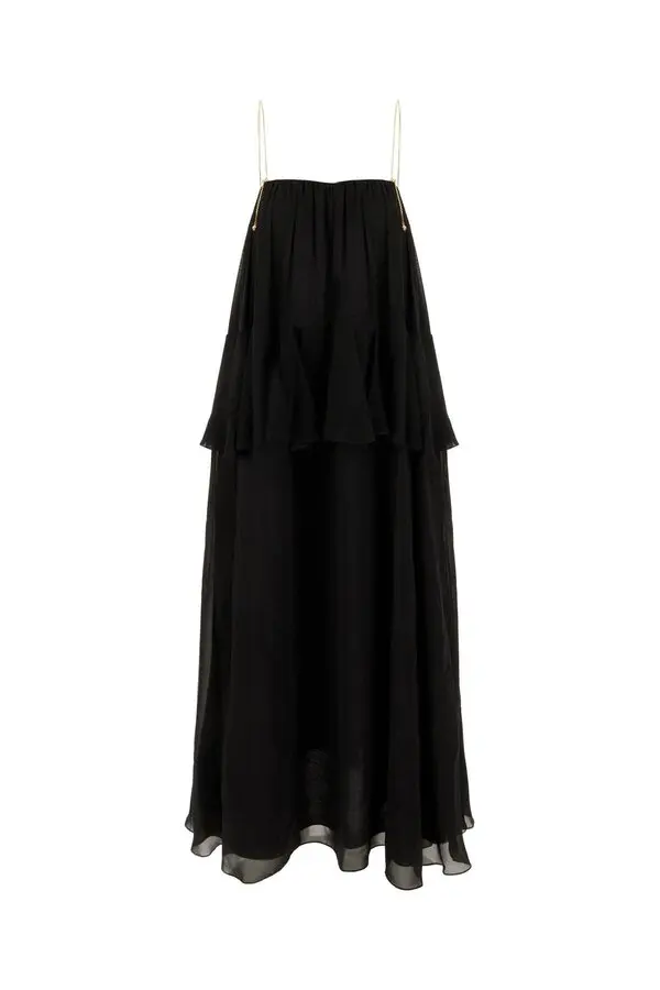 Chloé Black Ruffled Midi Dress With Gold Tone Chain Detail - Multicolor