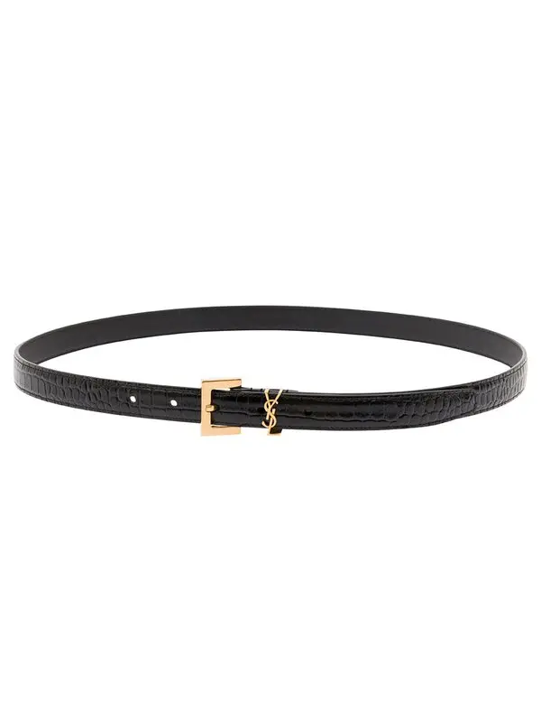 Saint Laurent Thin Cassandre Crocodile-embossed Leather Belt